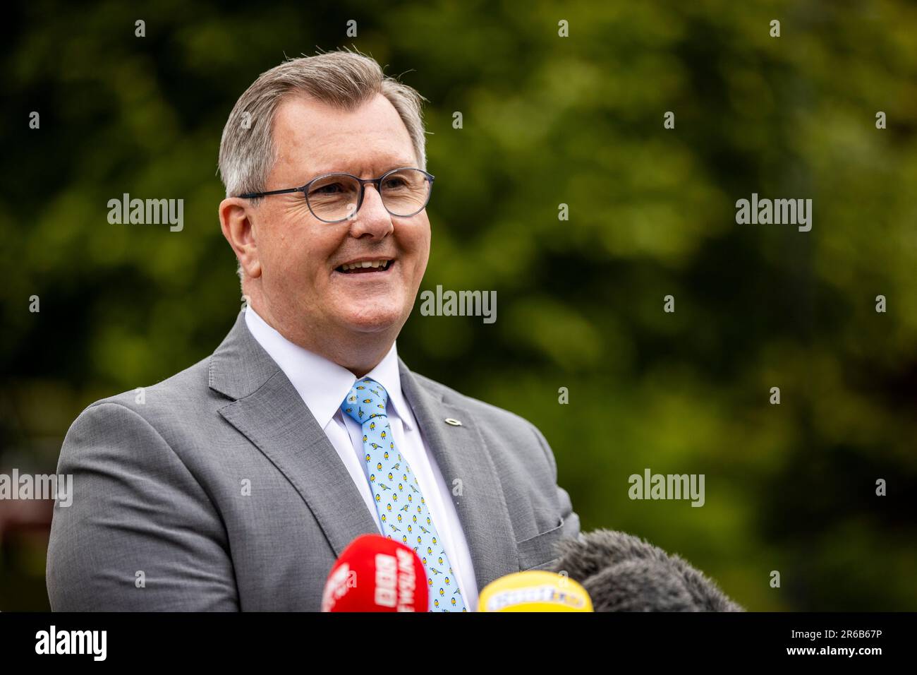 DUP leader Sir Jeffery Donaldson, outside Castle Buildings at Stormont after a meeting with the ...