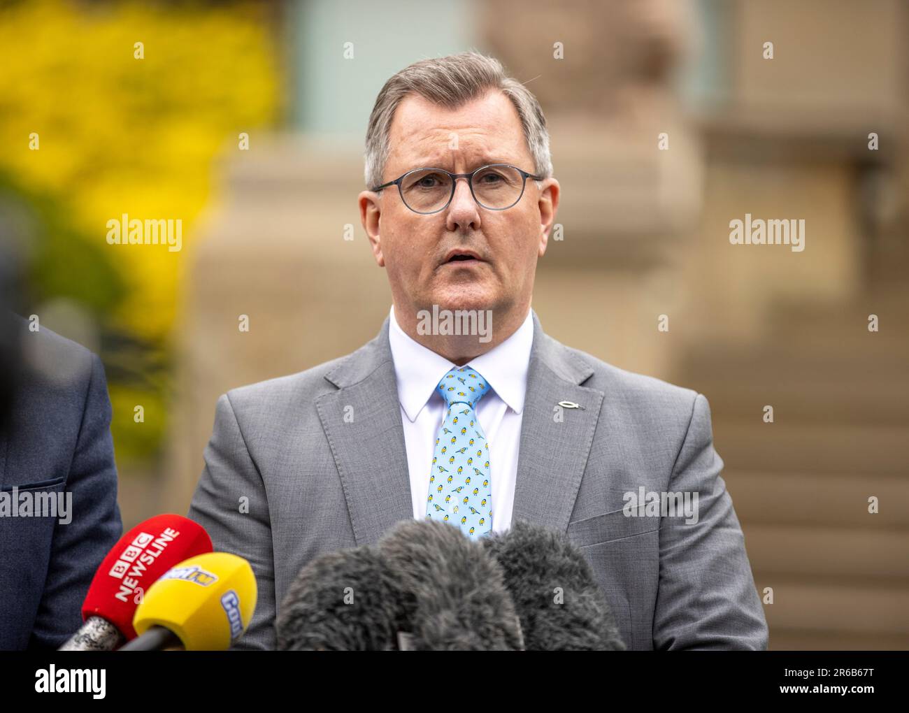 DUP leader Sir Jeffery Donaldson, outside Castle Buildings at Stormont after a meeting with the ...