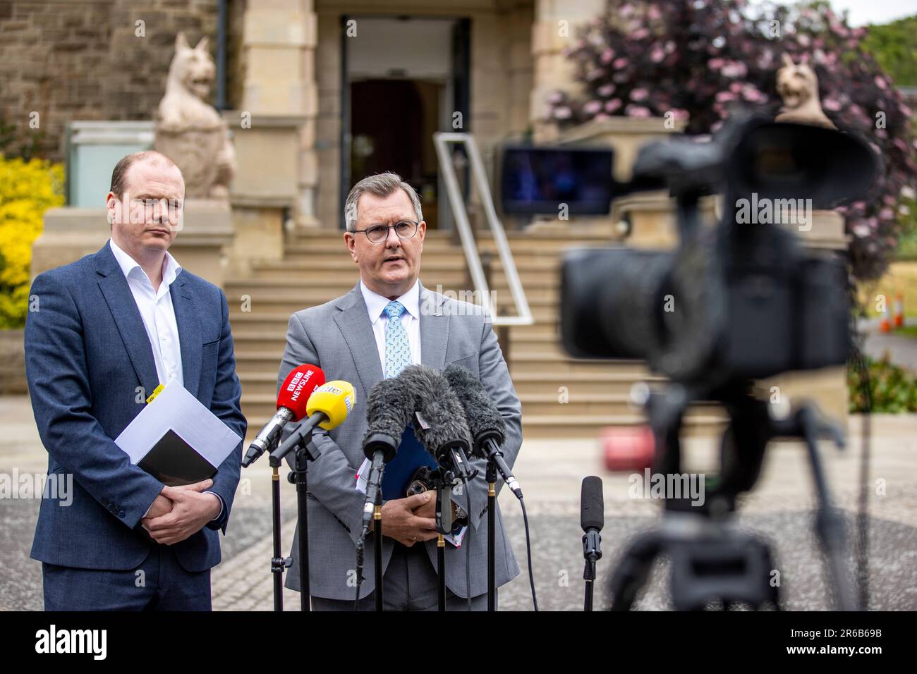 DUP leader Sir Jeffery Donaldson (right) with party colleague Gordon Lyons, outside Castle ...