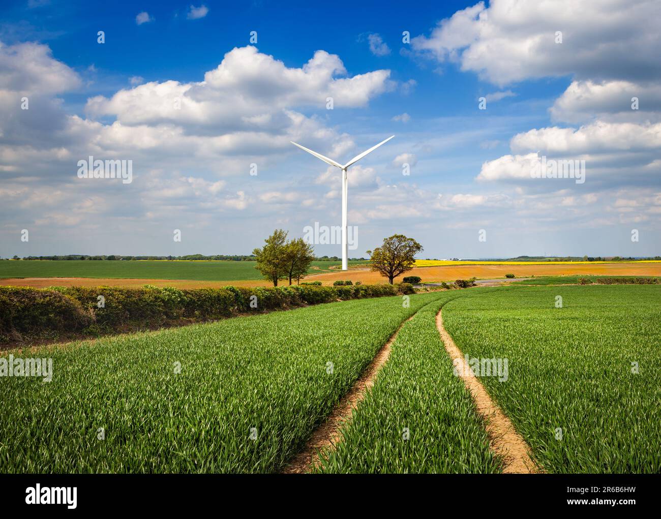 Agricultural landscape with wind turbine ecological land Stock Photo ...