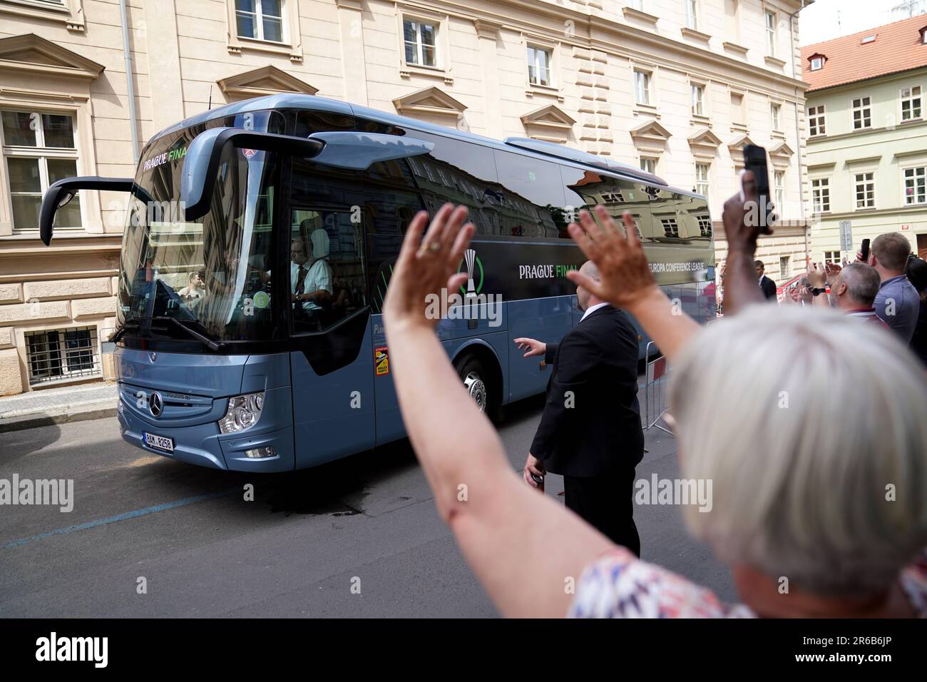West Ham United players aboard the team bus, as they leave their team ...