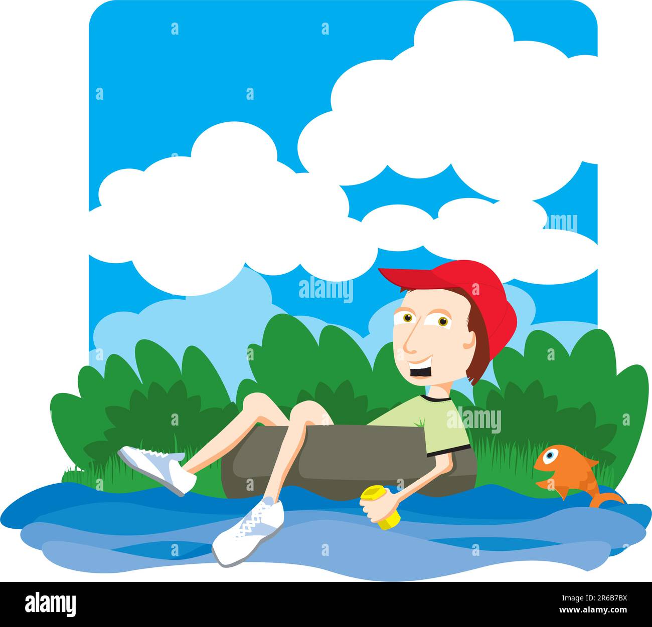 Vector illustration of a boy floating down a river on an innertube ...