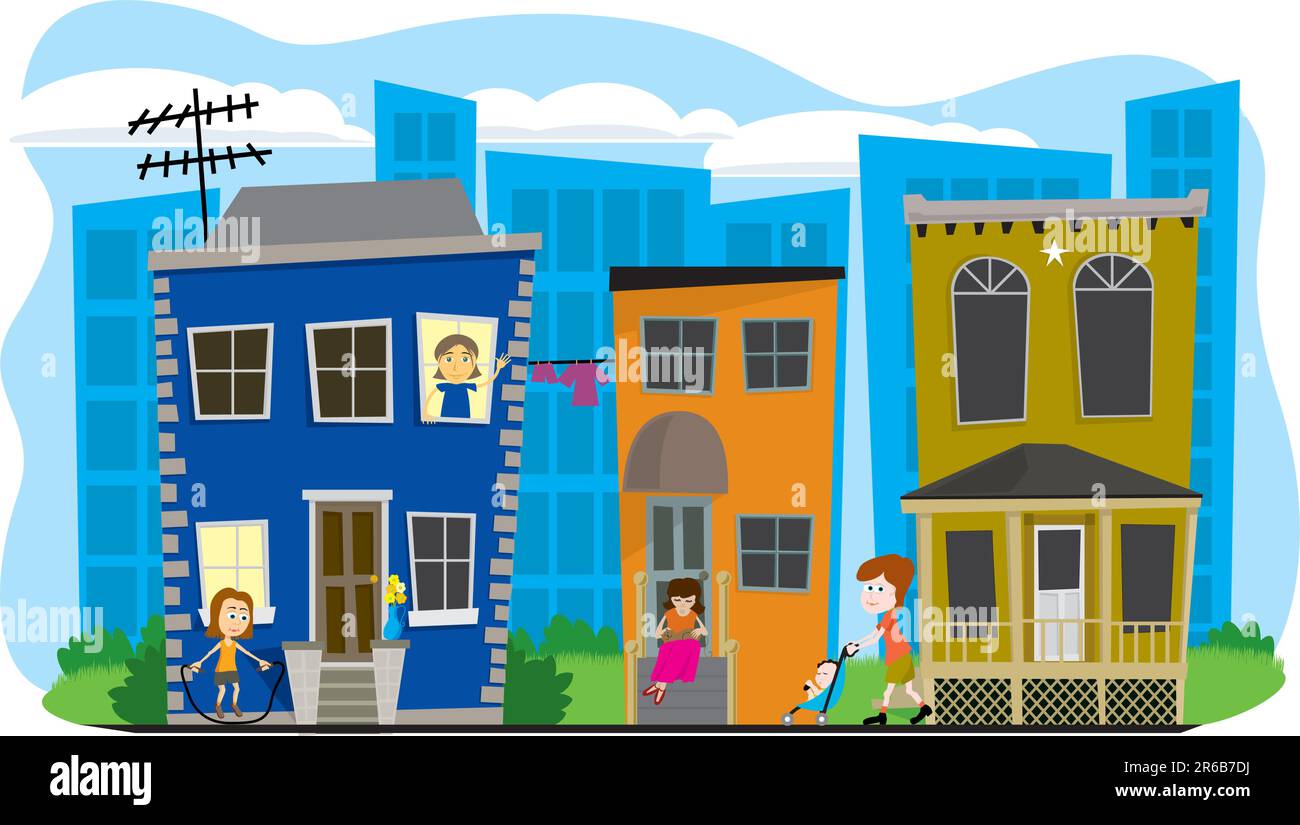 Vector illustration of a neighborhood with a city scape behind Stock ...