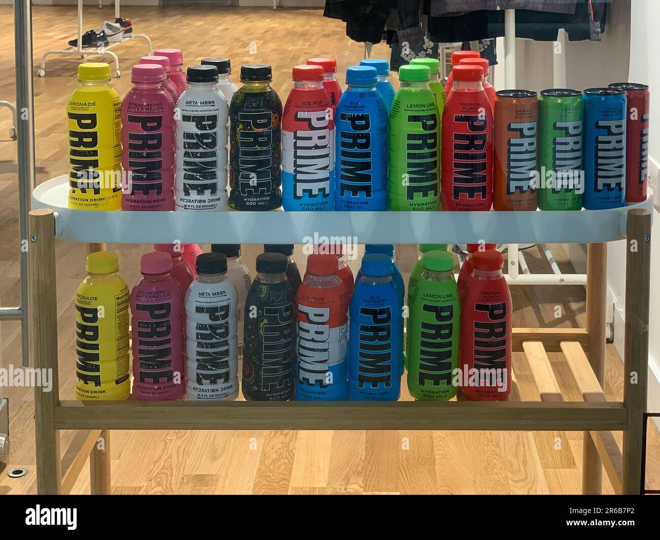 7th June, 2023. London, UK. Prime Energy Drinks for sale in a clothes ...