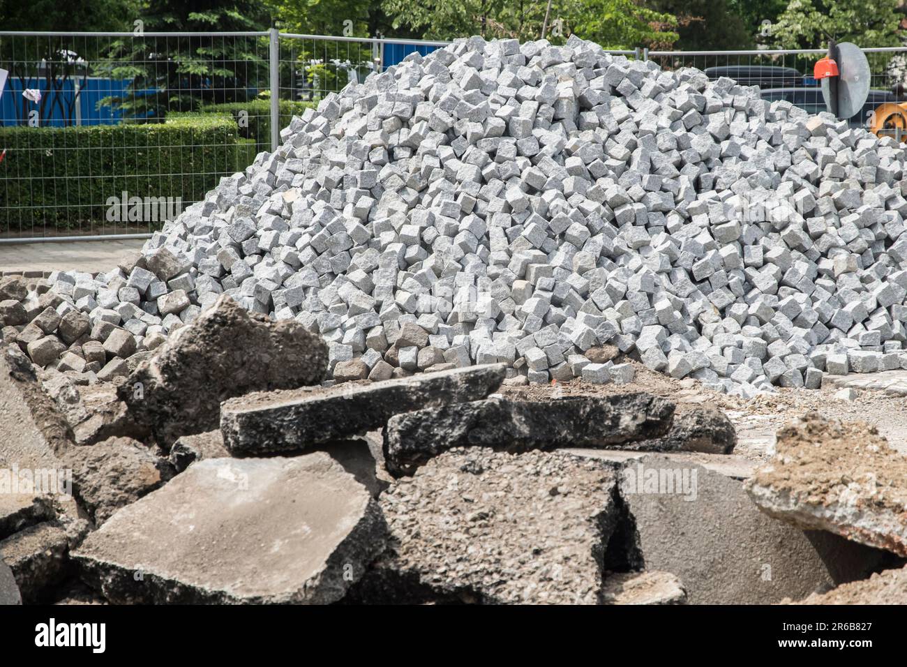 Pile of paving stones during road surface repair works Stock Photo - Alamy