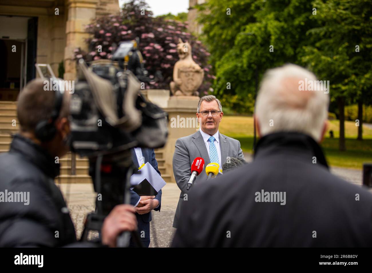 DUP leader Sir Jeffery Donaldson, outside Castle Buildings at Stormont after a meeting with the ...