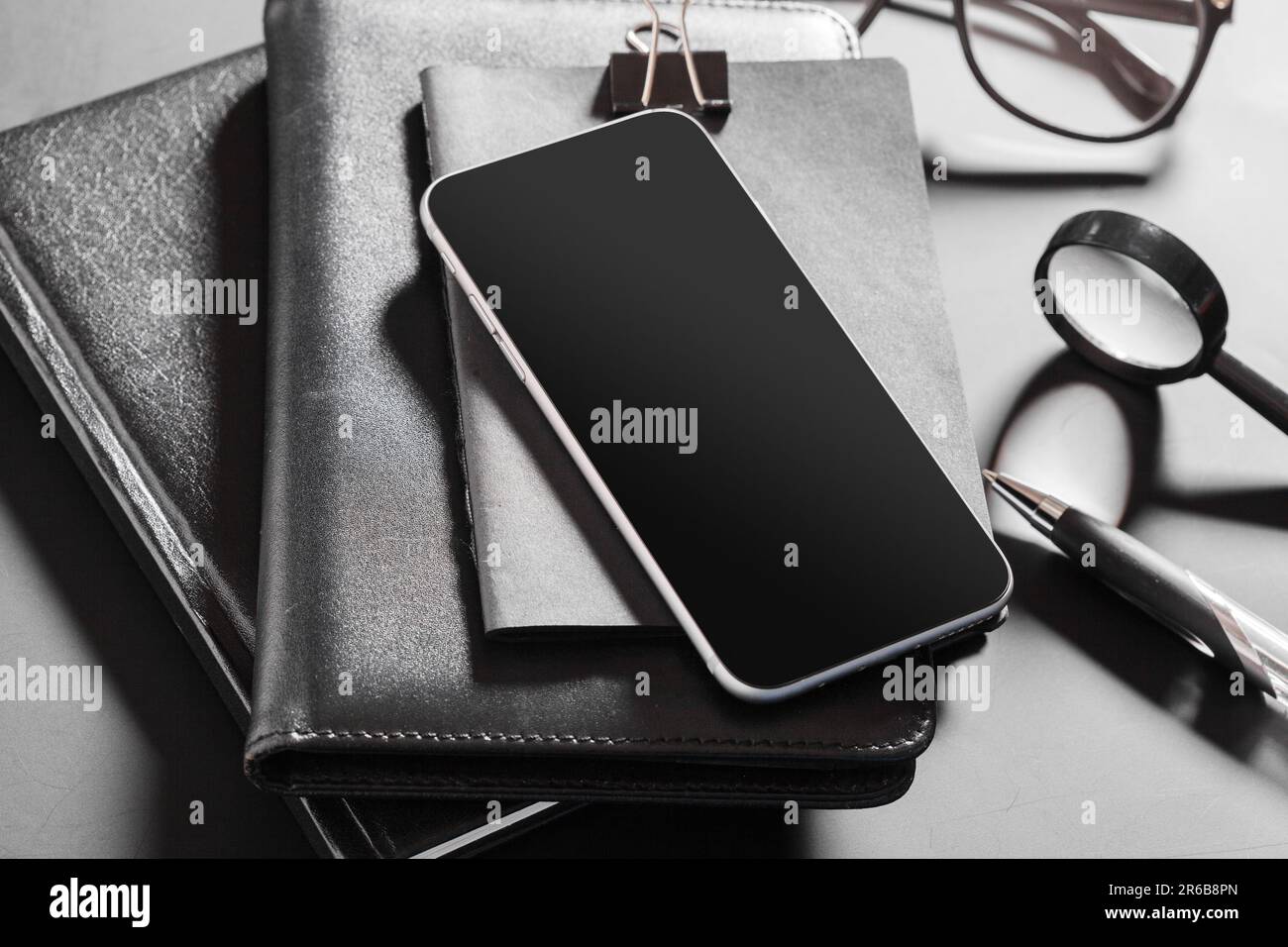 modern black office desktop scene Stock Photo - Alamy