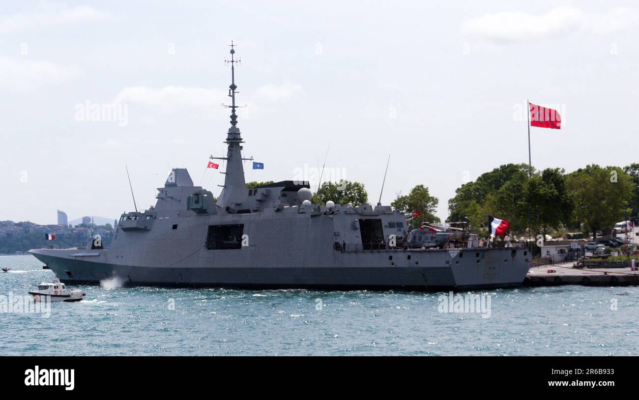 French Navy Aquitaine class frigate FS Languedoc (D653) carrying a NH90 ...