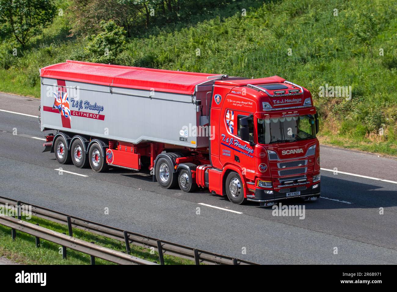 T & J Haulage Ltd, Clitheroe Scania HGV & trailer on the M61 motorway ...