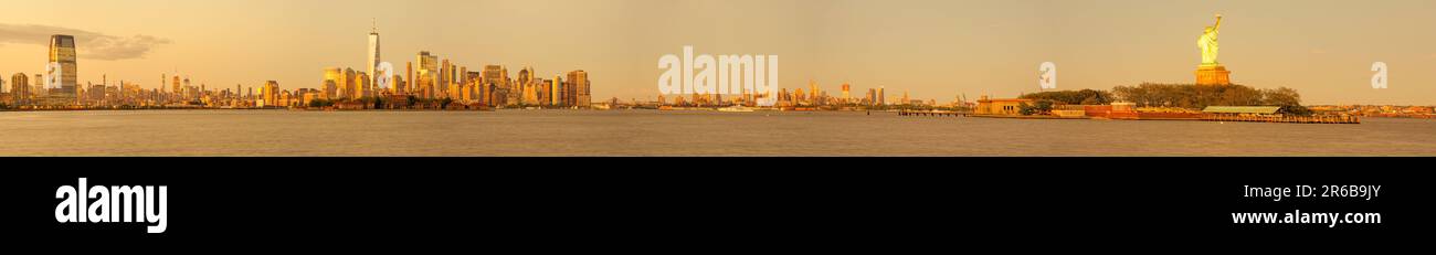 Panorama of NYC and Statue of Liberty 2023 orange smog from Canada ...