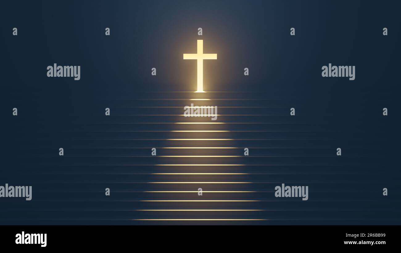 Glowing cross and a stairs leads to it Stock Photo - Alamy