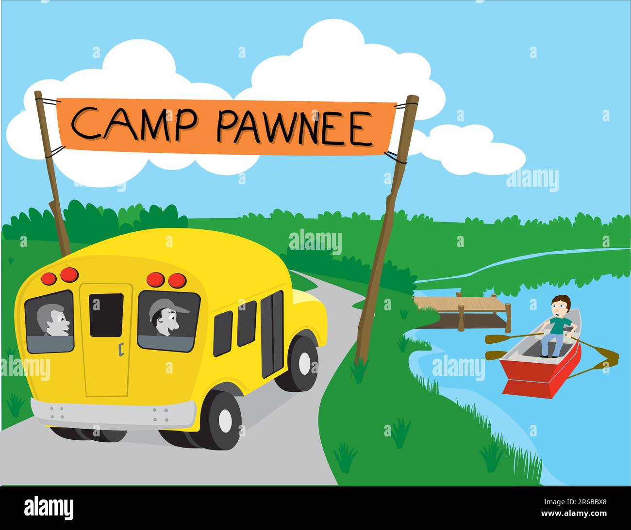 Vector illustration of a bus arriving at camp Stock Vector Image & Art ...
