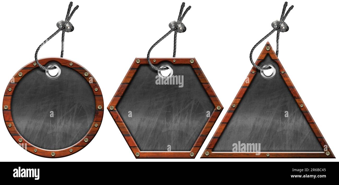 Labels with wooden frame (circle, triangle and hexagon shape), blank ...