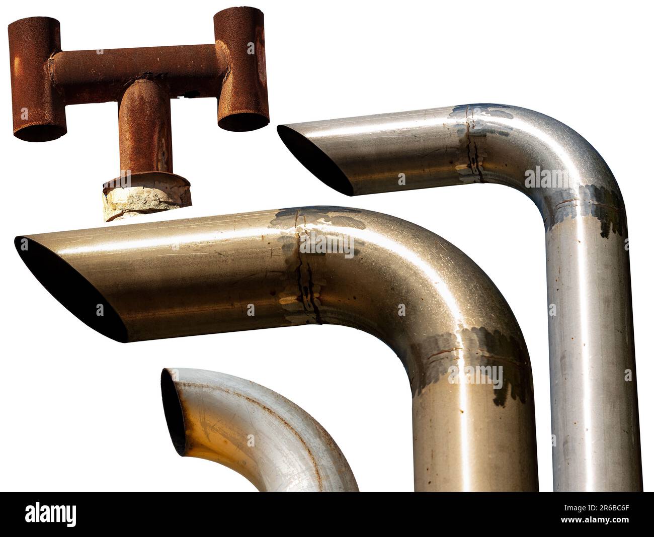 Group of metal exhaust pipes, steel and rusty iron, isolated on white ...