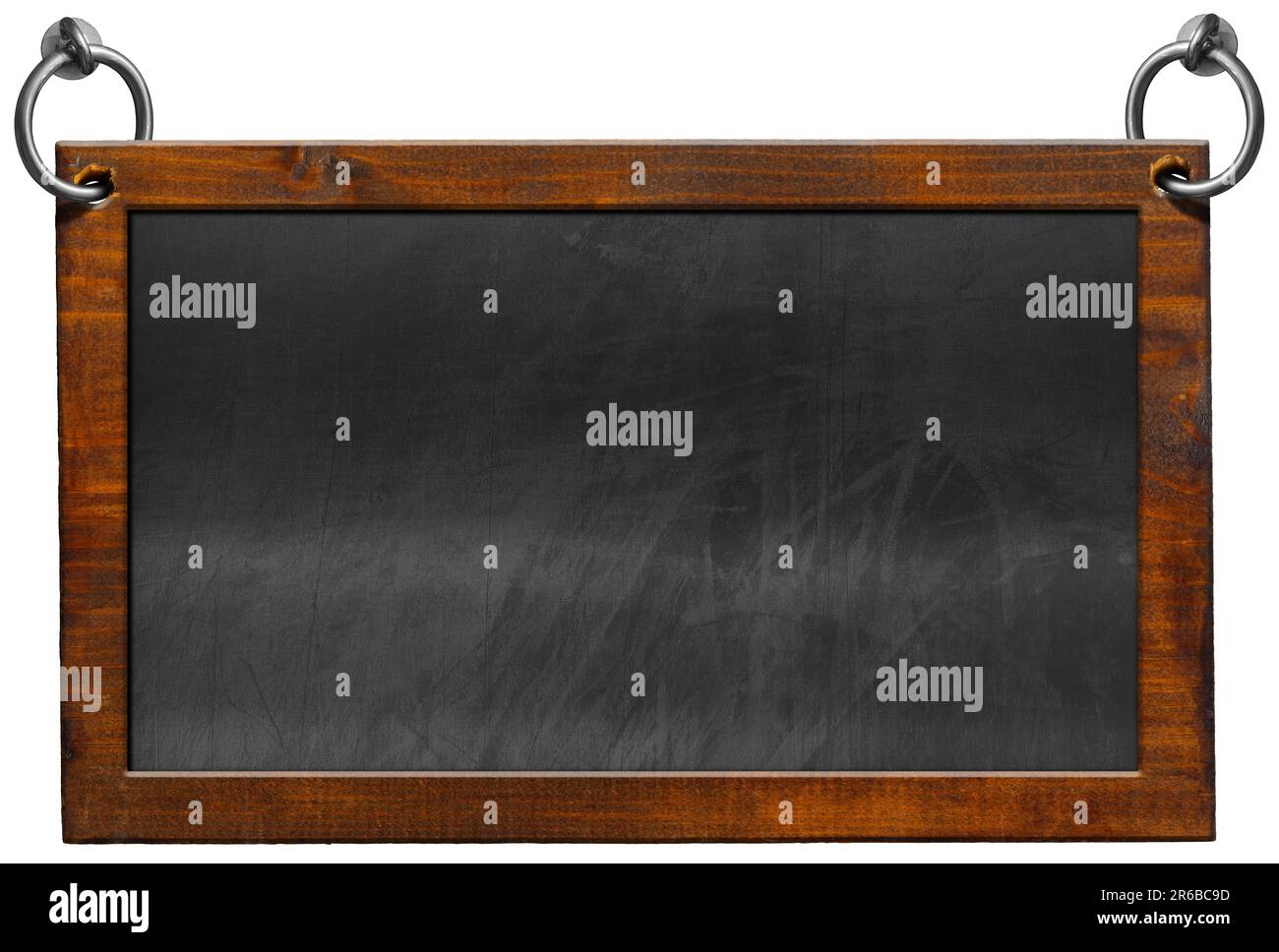 Old blank blackboard with wooden rectangular frame and steel rings for ...