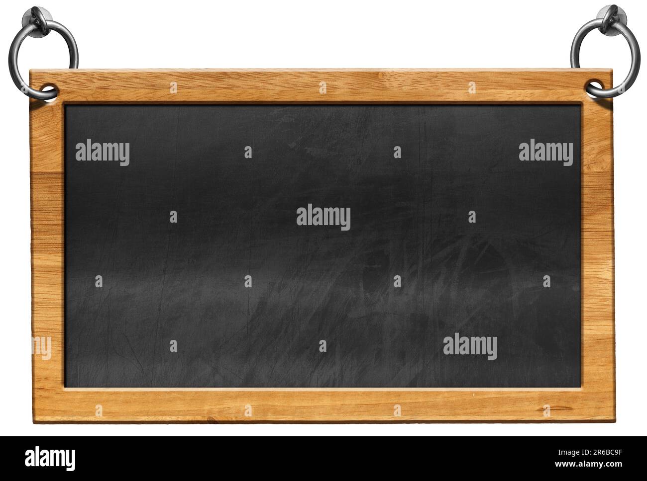 Old blank blackboard with wooden rectangular frame and steel rings for ...