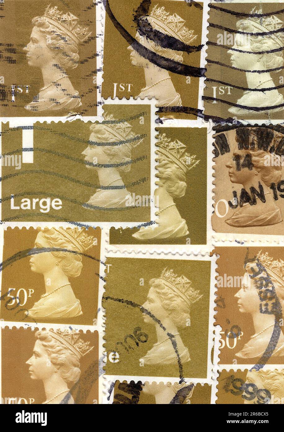 A montage of gold vintage postage stamps from the United Kingdom ...