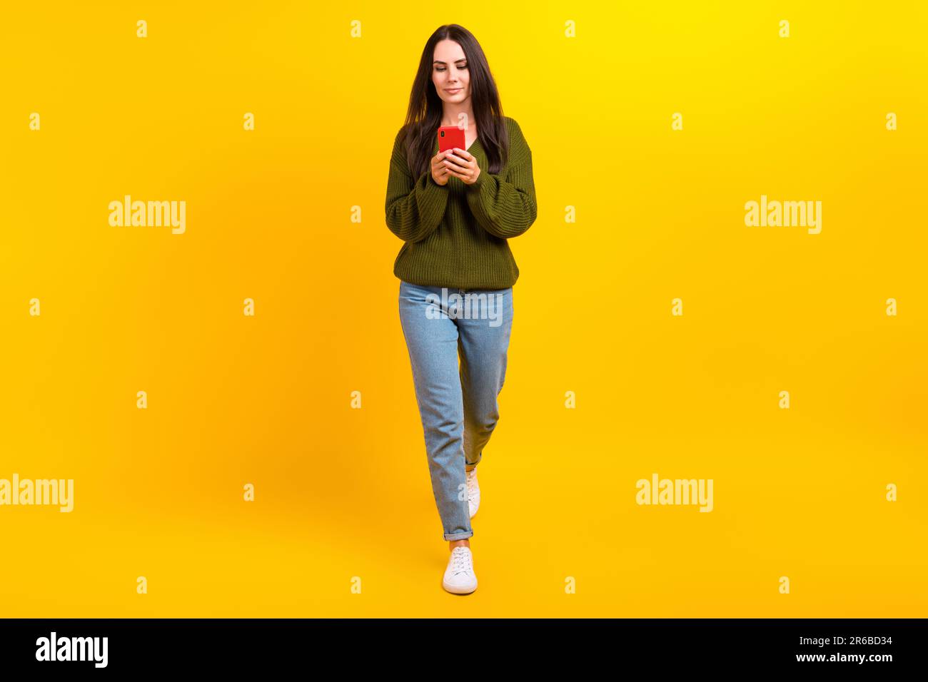 Full length photo of positive sweet woman dressed khaki sweater typing ...