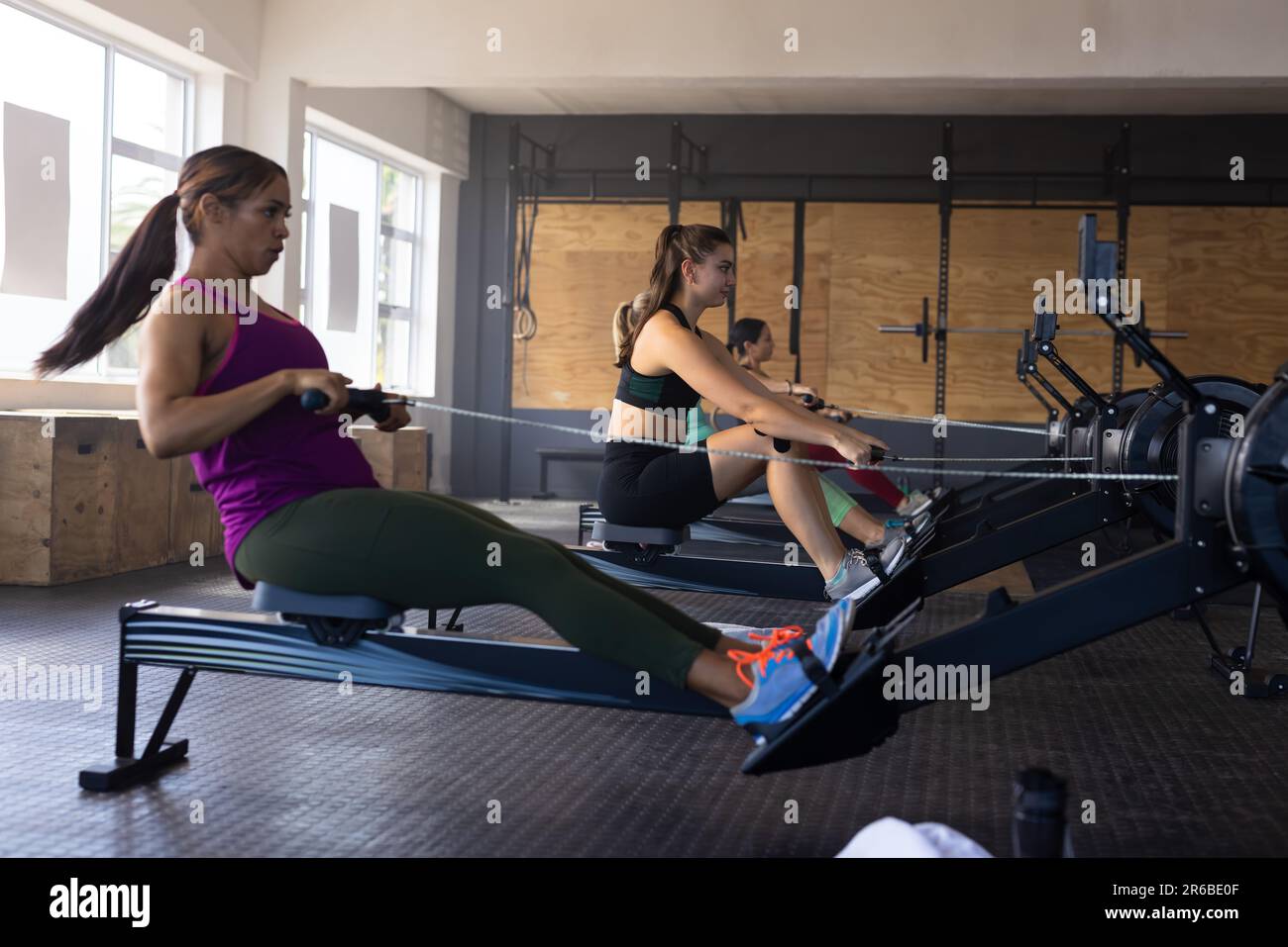 Side view of diverse dedicated female friends exercising on rowing ...