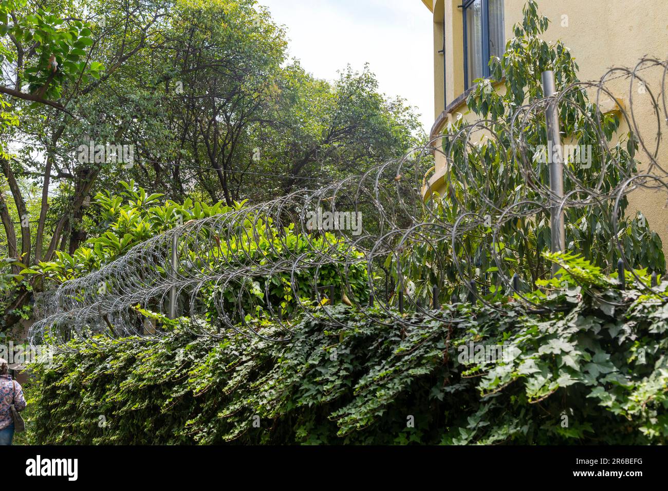 Razor wire fencing security fence on property wall, Condesa, Mexico ...