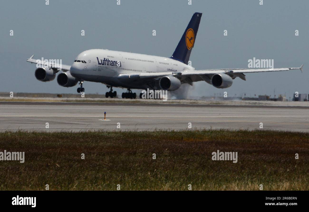 A Lufthansa Airbus A380 super jumbo jet, the world's largest passenger ...