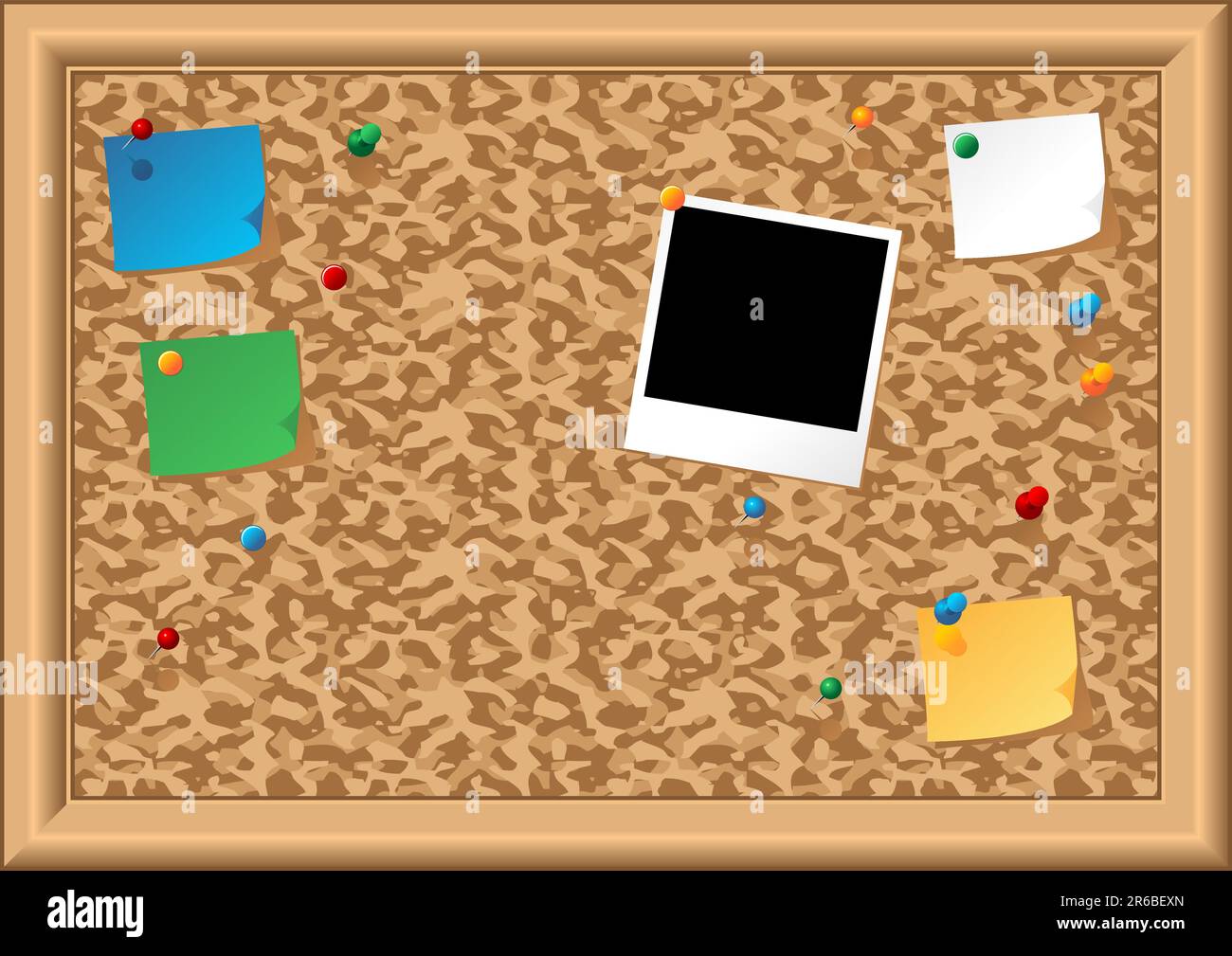 Cork board with pins post it notes and polaroid attached Stock Vector ...