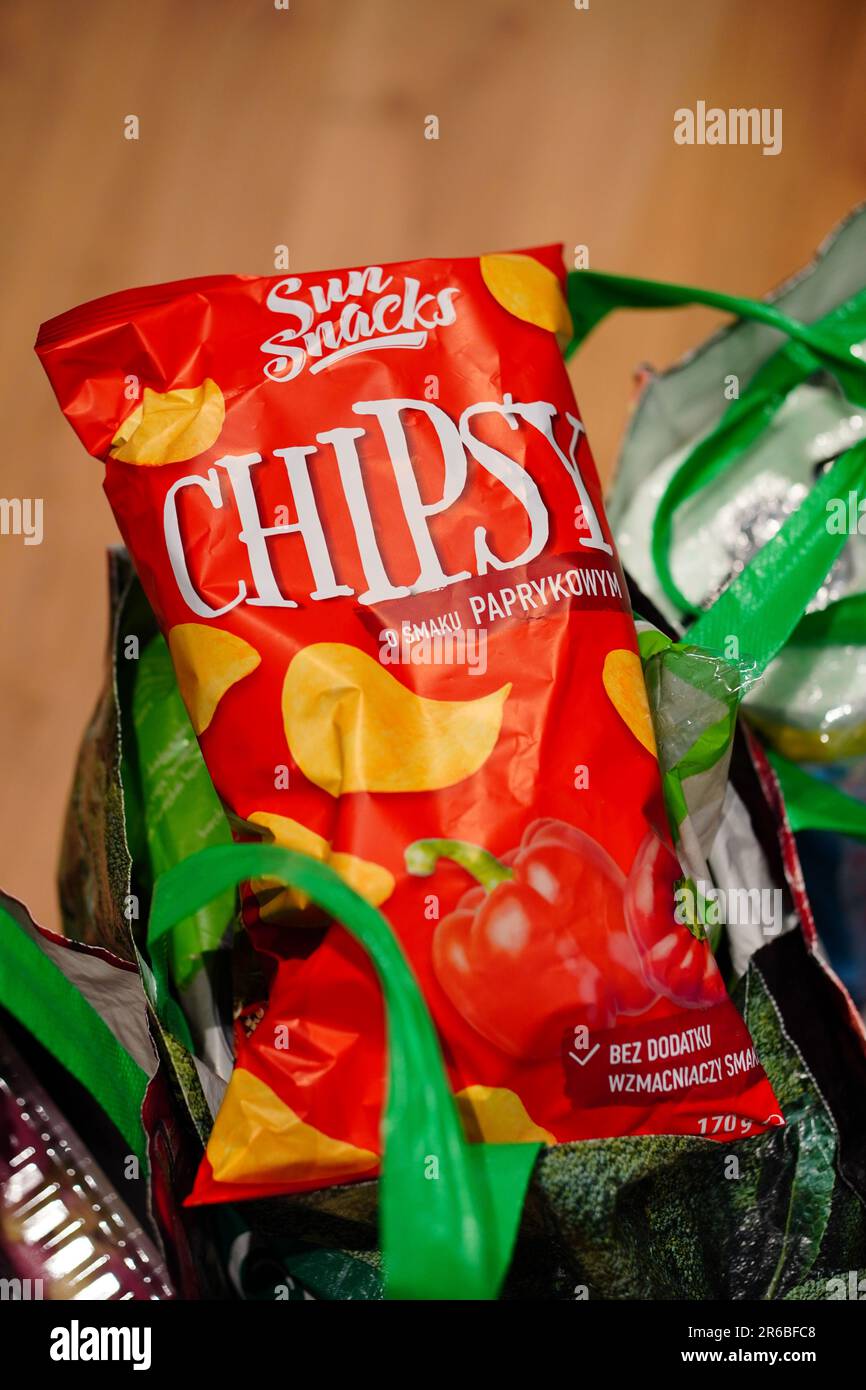 A red bag of chips. SUN SNACKS Chipsy, pepper Stock Photo - Alamy