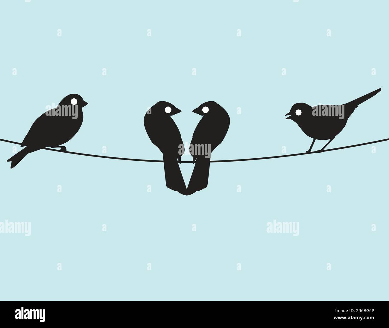 Vector illustration of four birds hanging on an electric line, two of ...