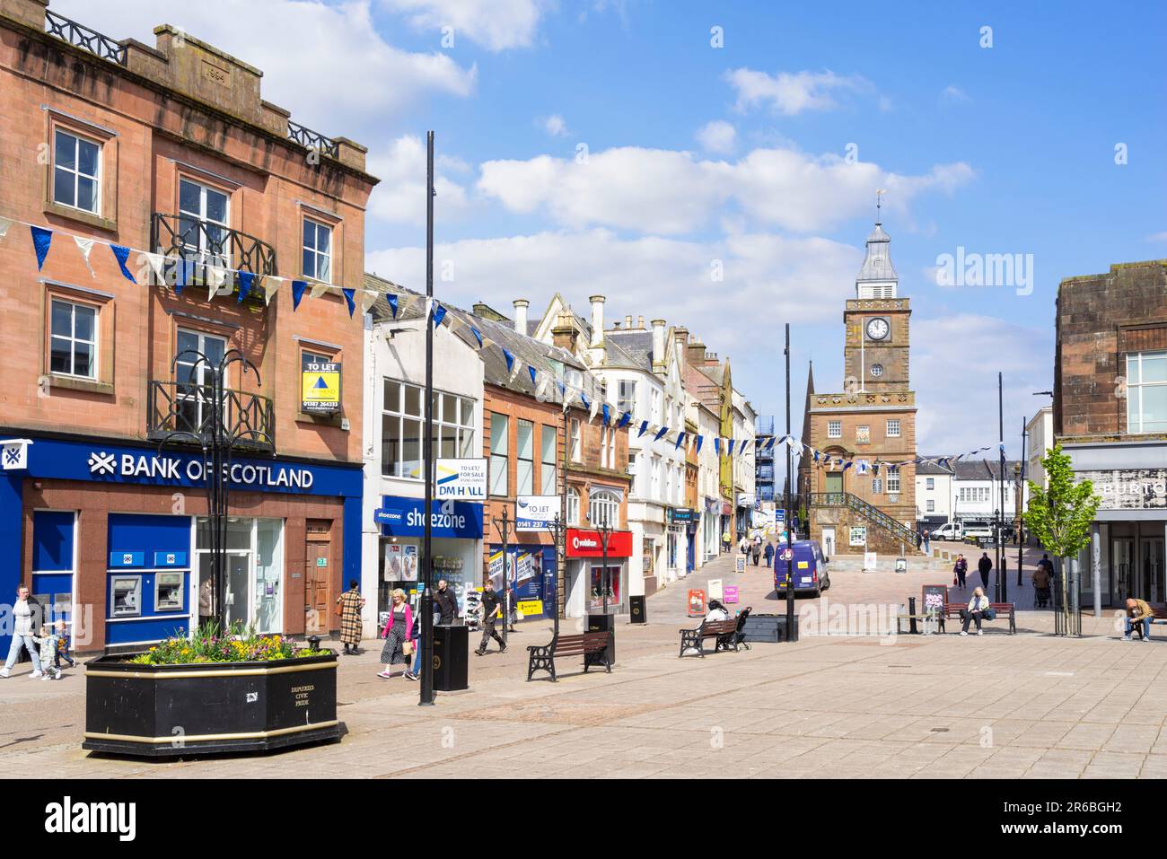 Dumfries High Street in the town centre of Dumfries with the Midsteeple ...