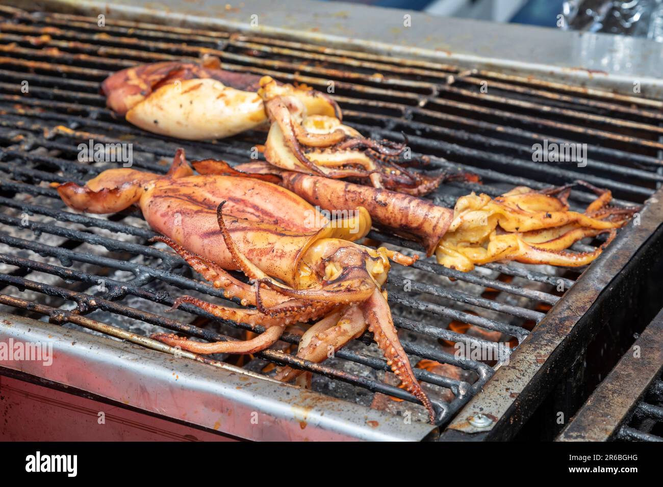 Washington, DC - Squid on the grille at a food stand at the Fiesta Asia ...