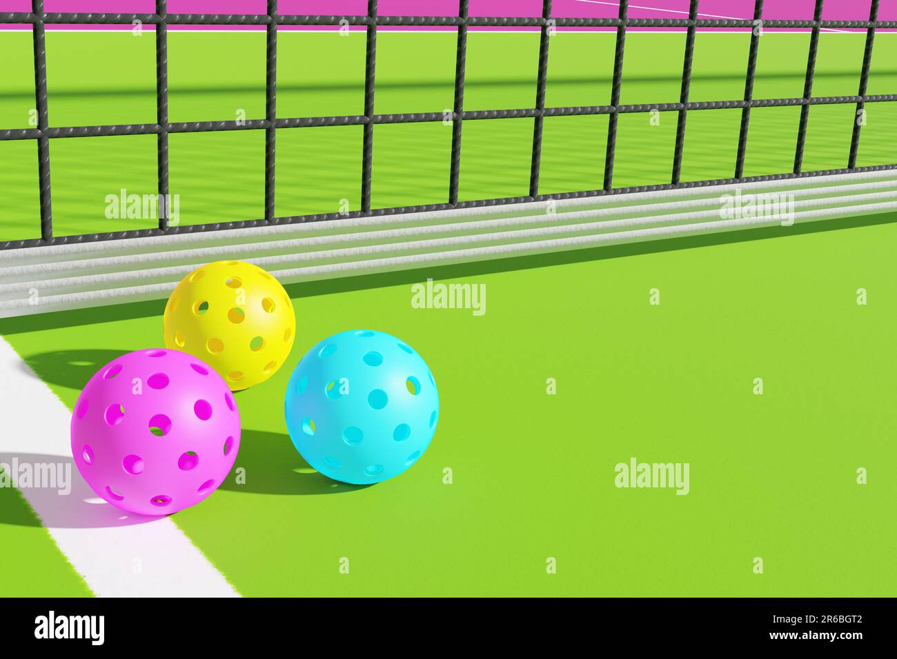 Pickleball sports balls near the net on the court. 3D rendering Stock ...