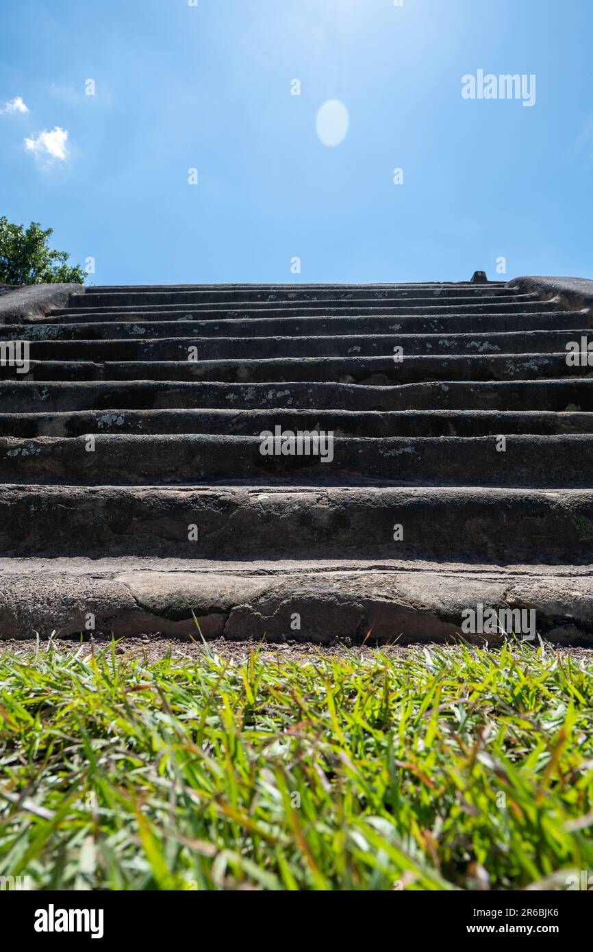 Steps of Mayan Pyramid in Tazumal Site with Green Grass and Blue Sky ...