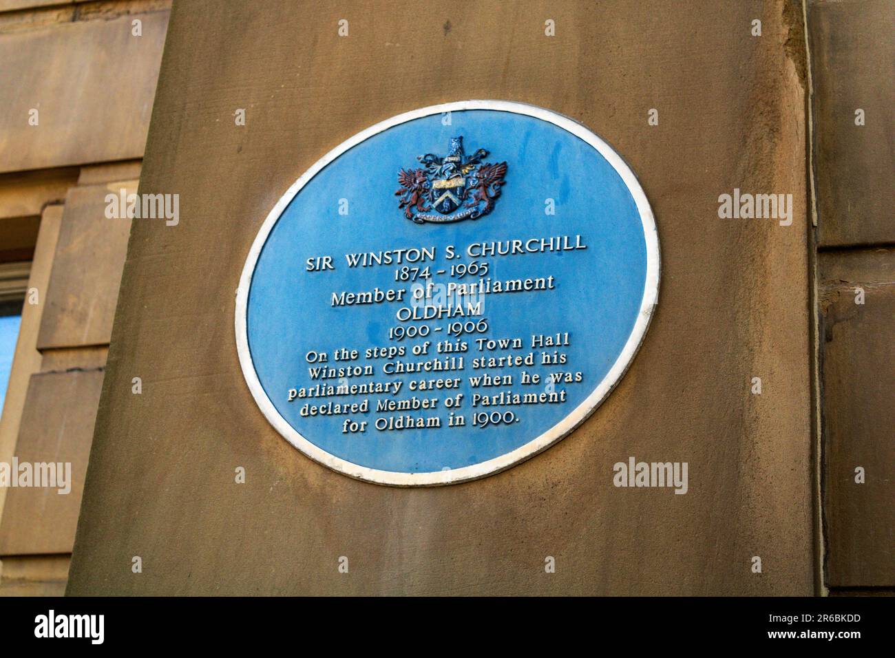 Winston Churchill blue plaque. Parliament Square, Oldham Stock Photo ...