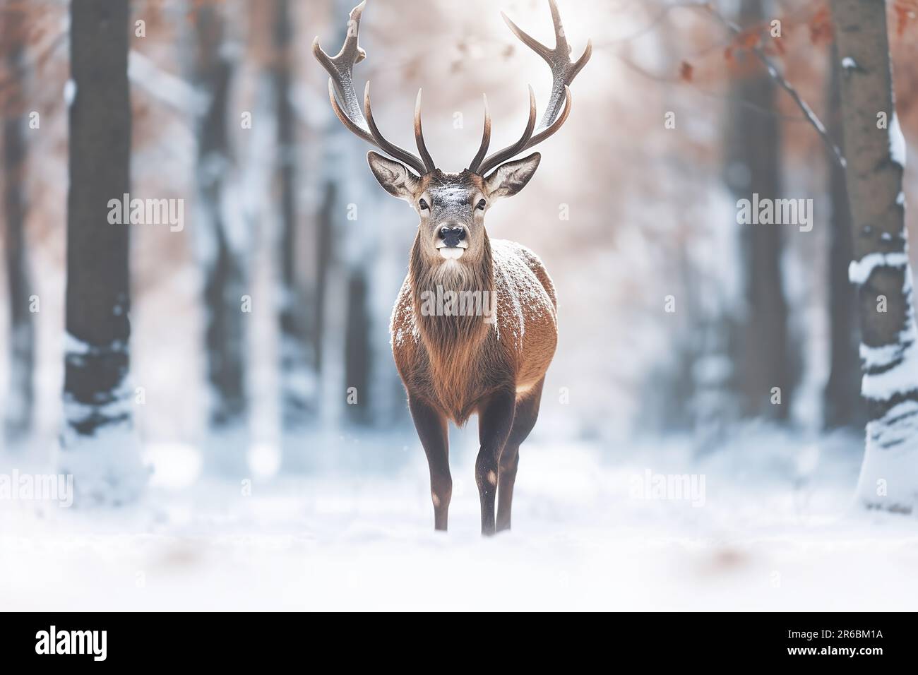 Deer with bright horns in a forest. Deer with glowing antlers in the ...