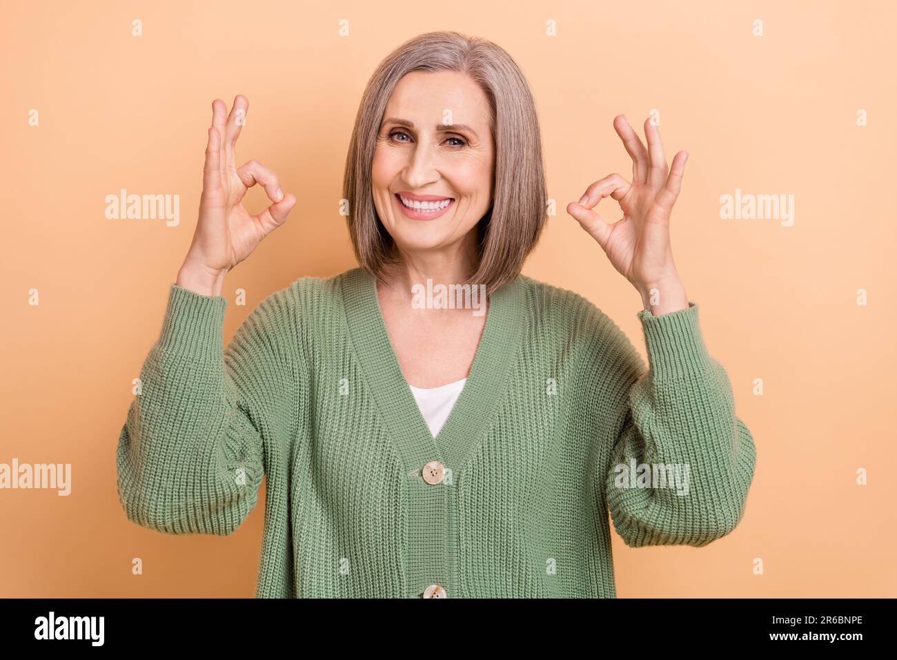 Portrait of cheerful nice aged lady hands fingers demonstrate okey ...