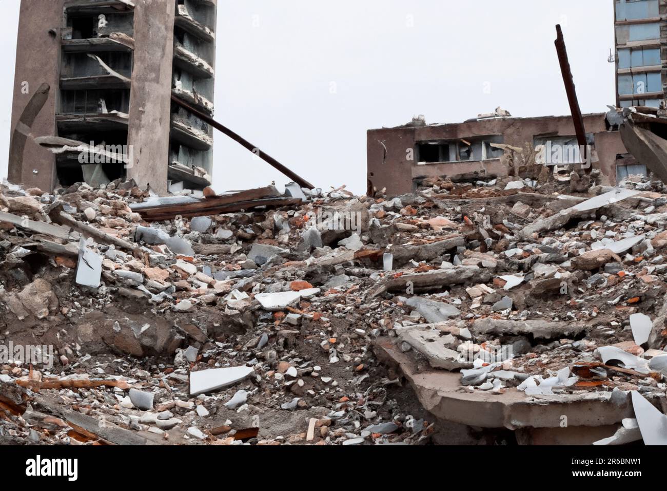 Building collapse. Debris and destroyed building that collapsed from an earthquake. Catastrophe ...