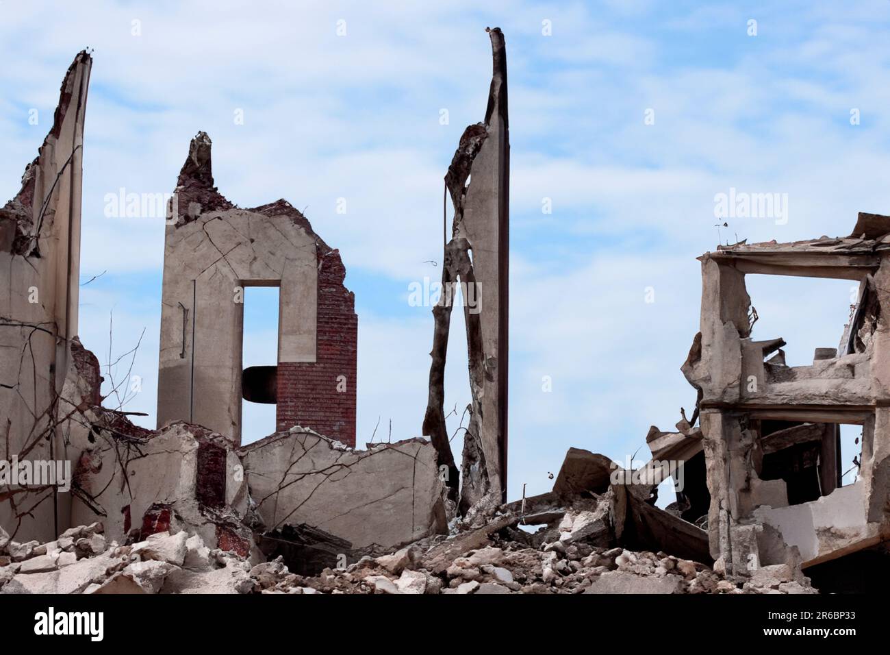 Building collapse. Debris and destroyed building that collapsed from an earthquake. Catastrophe ...