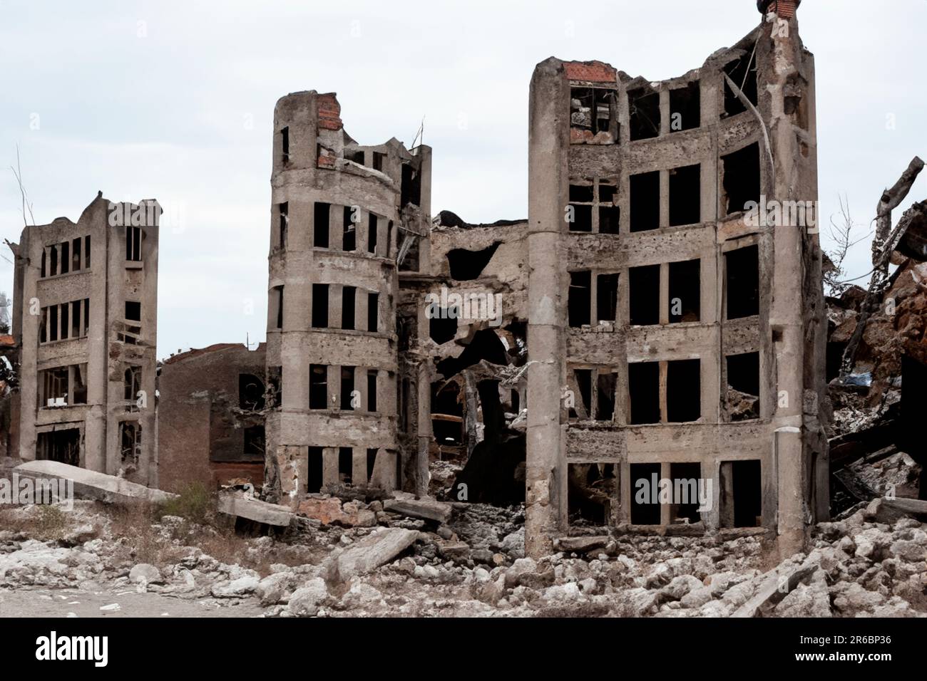 Building collapse. Debris and destroyed building that collapsed from an earthquake. Catastrophe ...