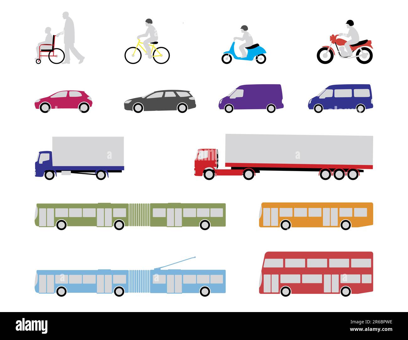 illustrated set of pedestrian, road and public transport vehicles Stock ...
