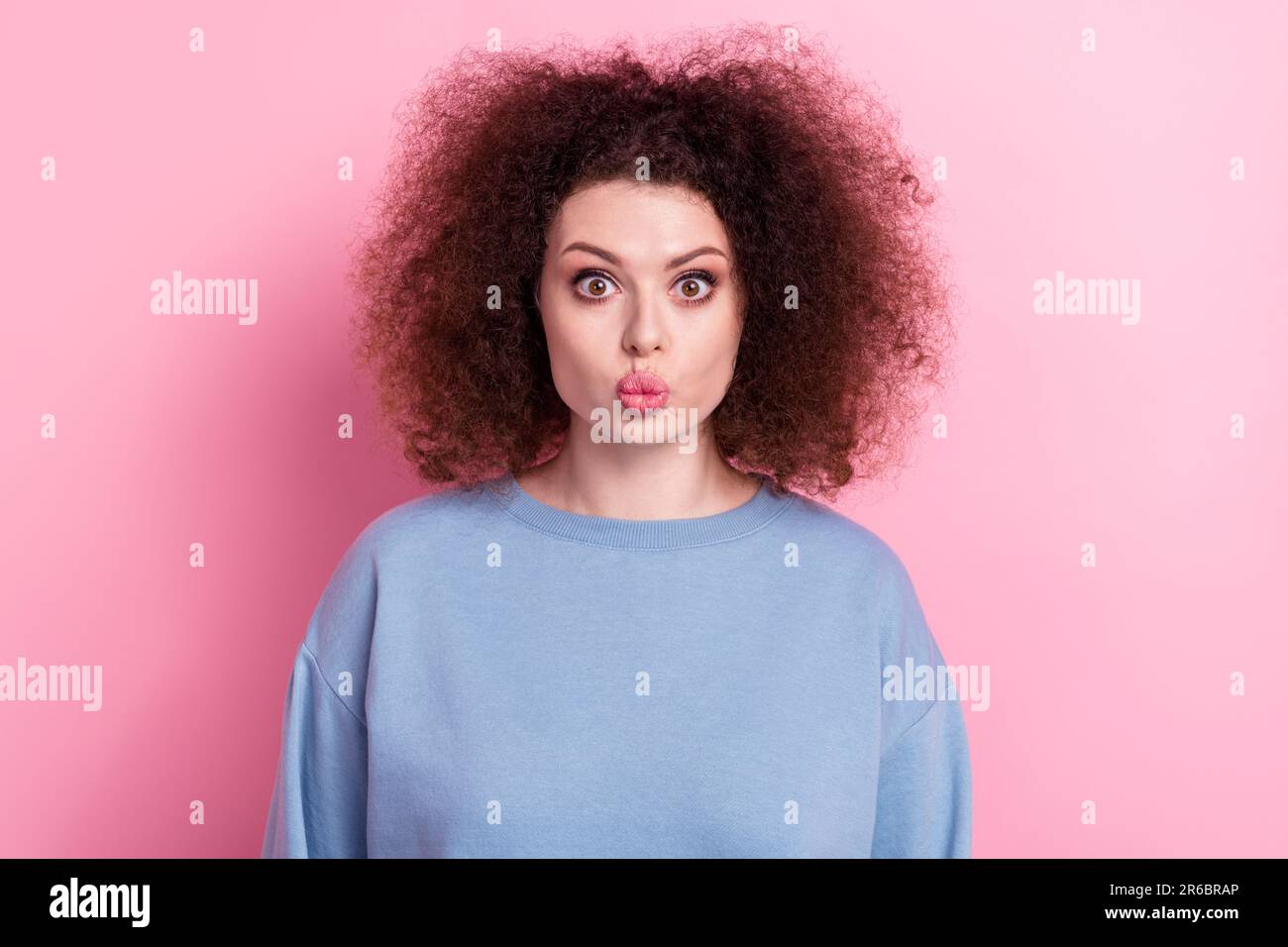 Closeup photo of funny chevelure hairstyle lady pouty lips kiss send ...