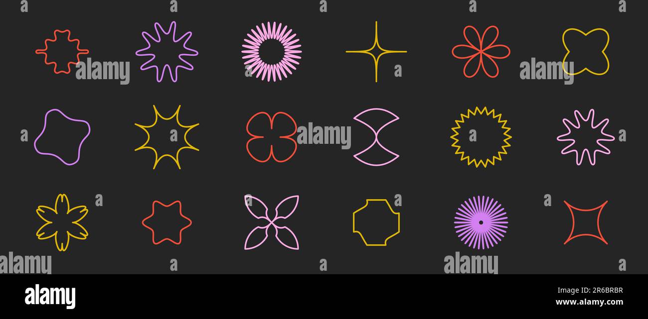 Outline stars, flowers, crosses shapes set. Primitive linear abstract ...