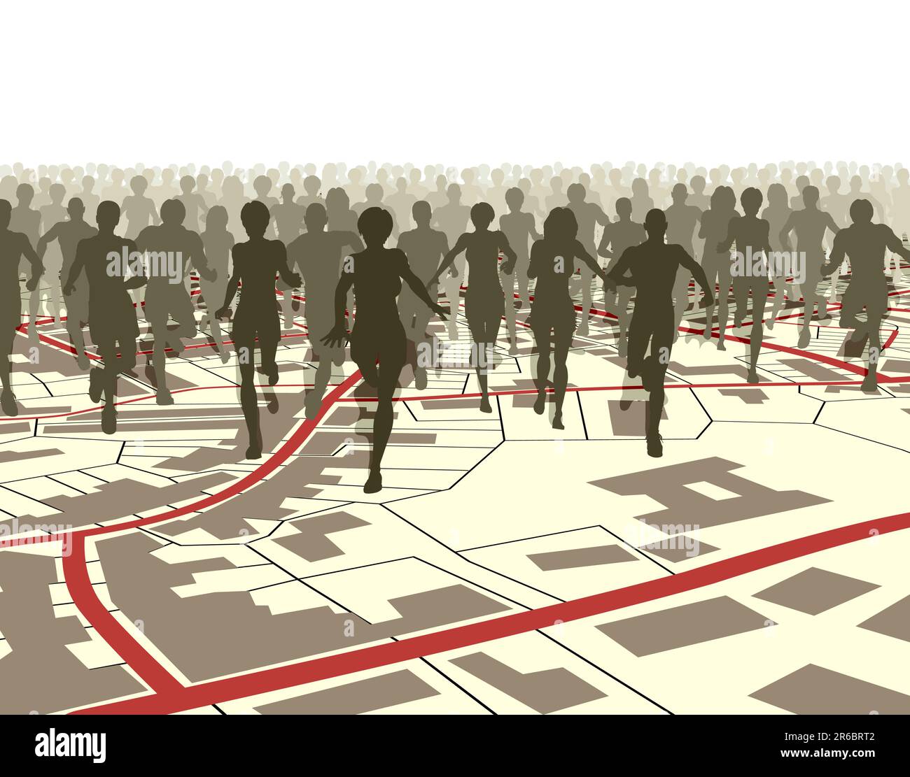 Editable vector illustration of a crowd of people running over a ...