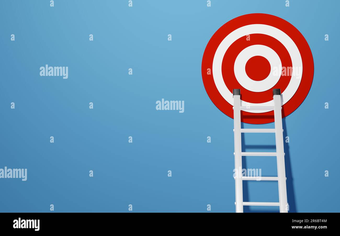 Ladder reaching a target on plain blue background Stock Photo - Alamy