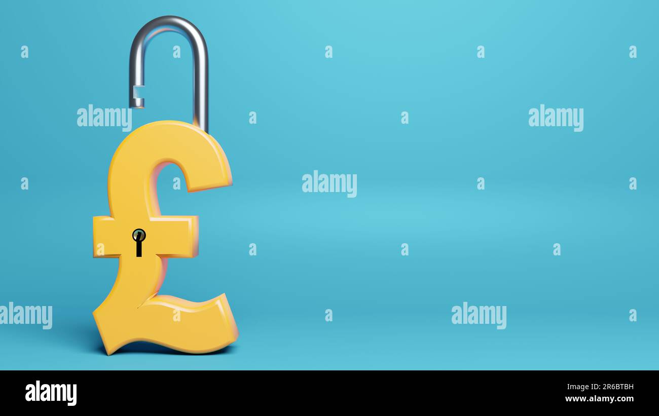 Yellow pound sterling symbol with a padlock on blue background Stock ...