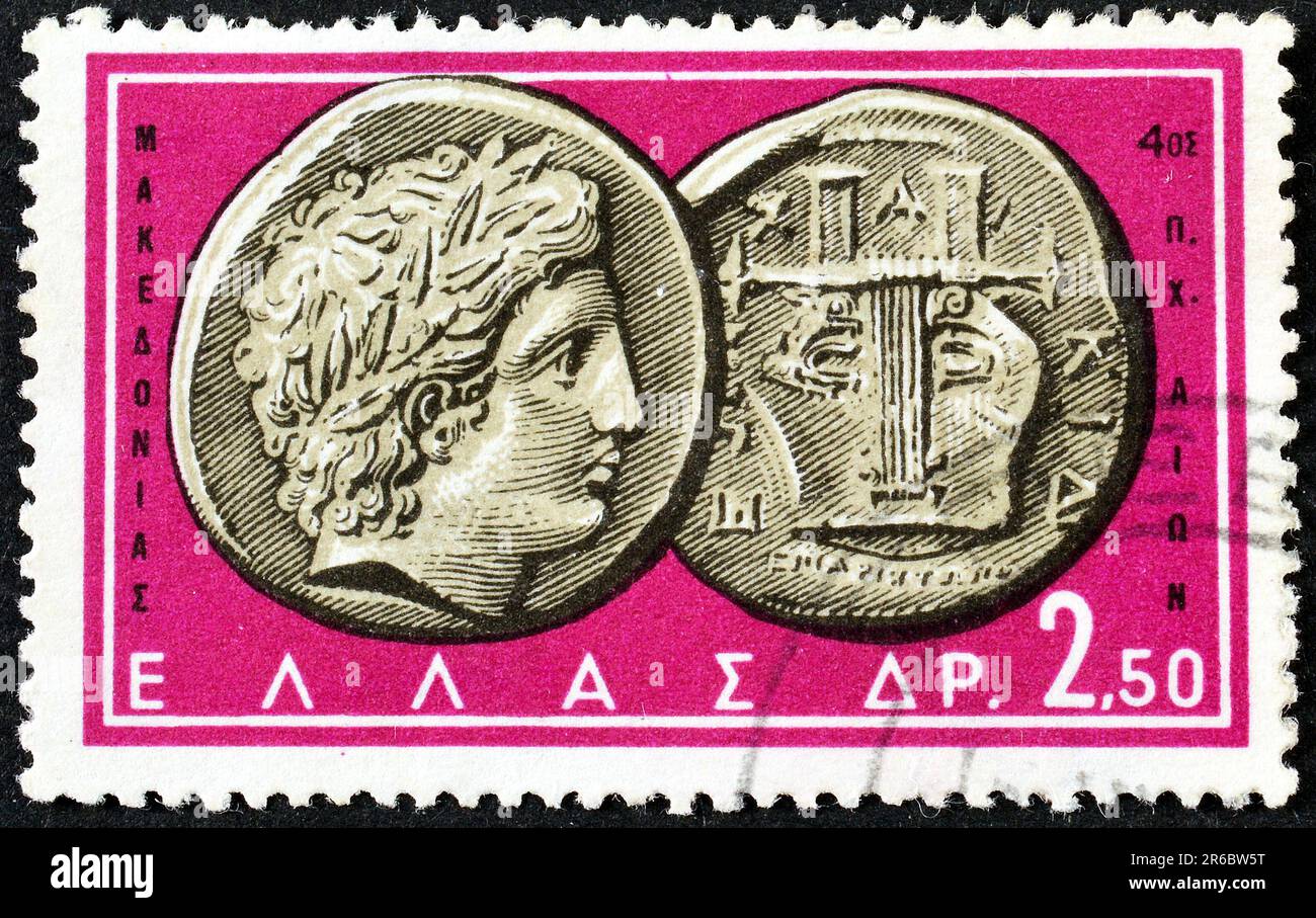 Cancelled postage stamp printed by Greece, that shows Coin Apollo and ...