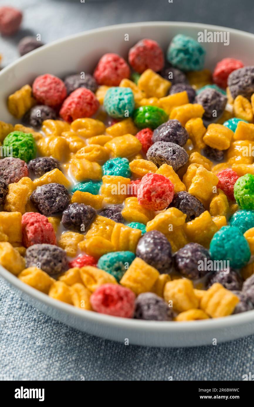 Organic Berry Sugar Kids Breakfast Cereal with Whole Milk Stock Photo ...