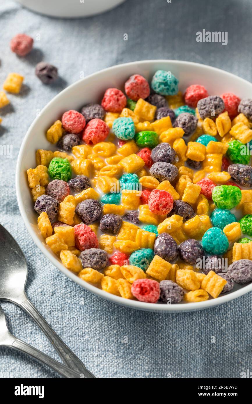 Organic Berry Sugar Kids Breakfast Cereal with Whole Milk Stock Photo ...