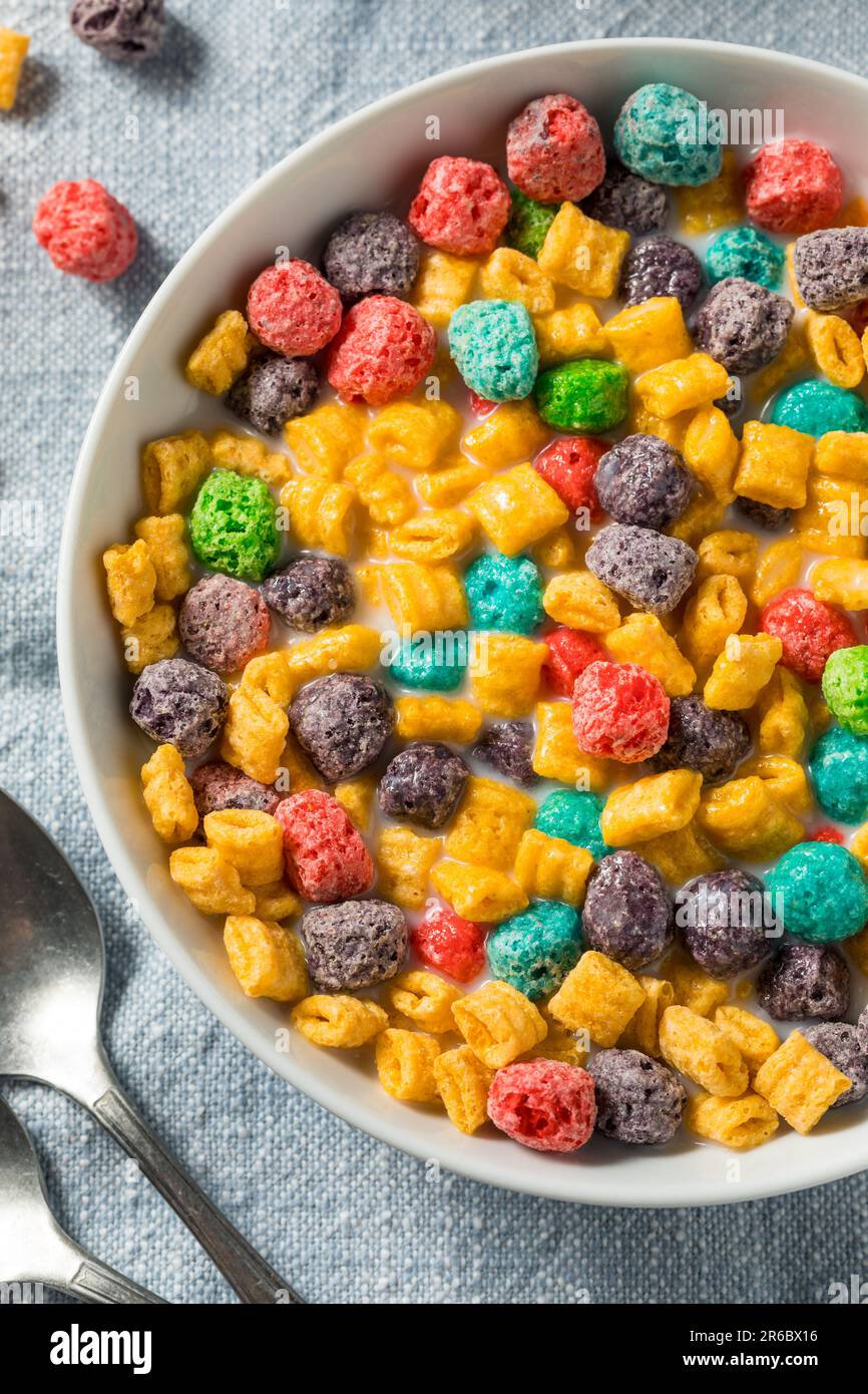 Organic Berry Sugar Kids Breakfast Cereal with Whole Milk Stock Photo ...