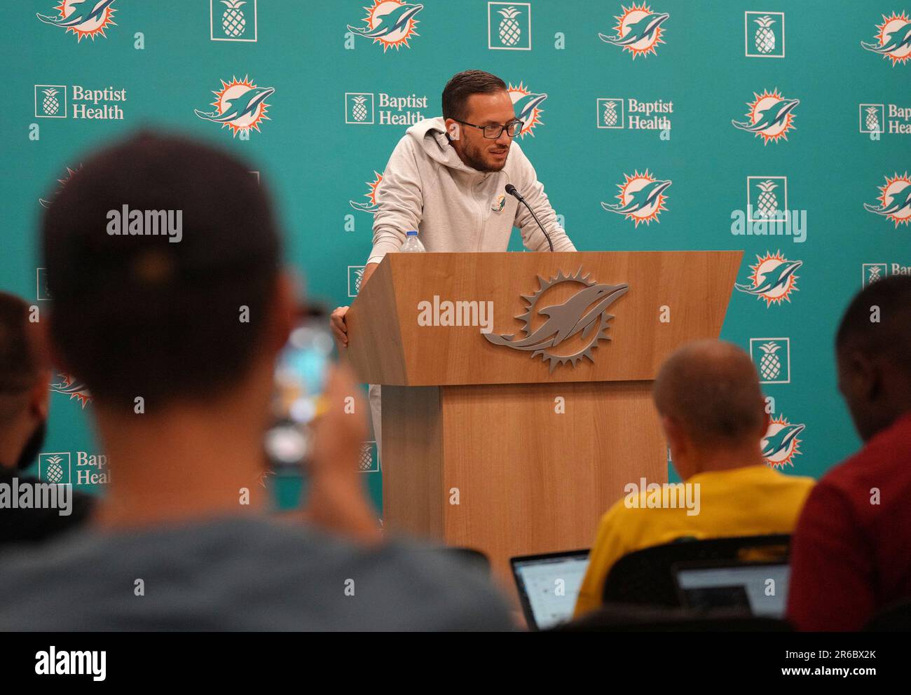 Miami Dolphins head coach Mike McDaniel answers questions during NFL ...