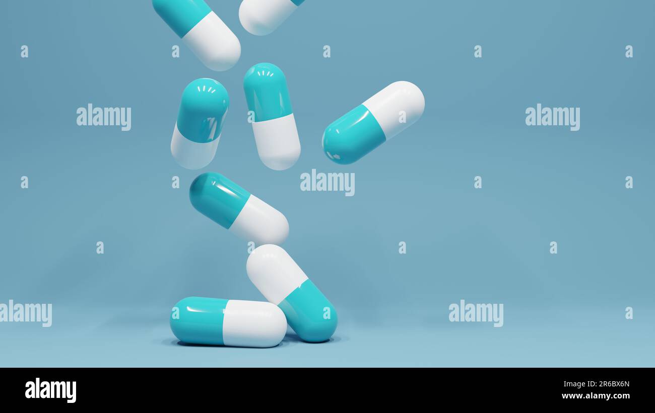 Blue pharmaceutical pill in illustration studio shot for prescription ...